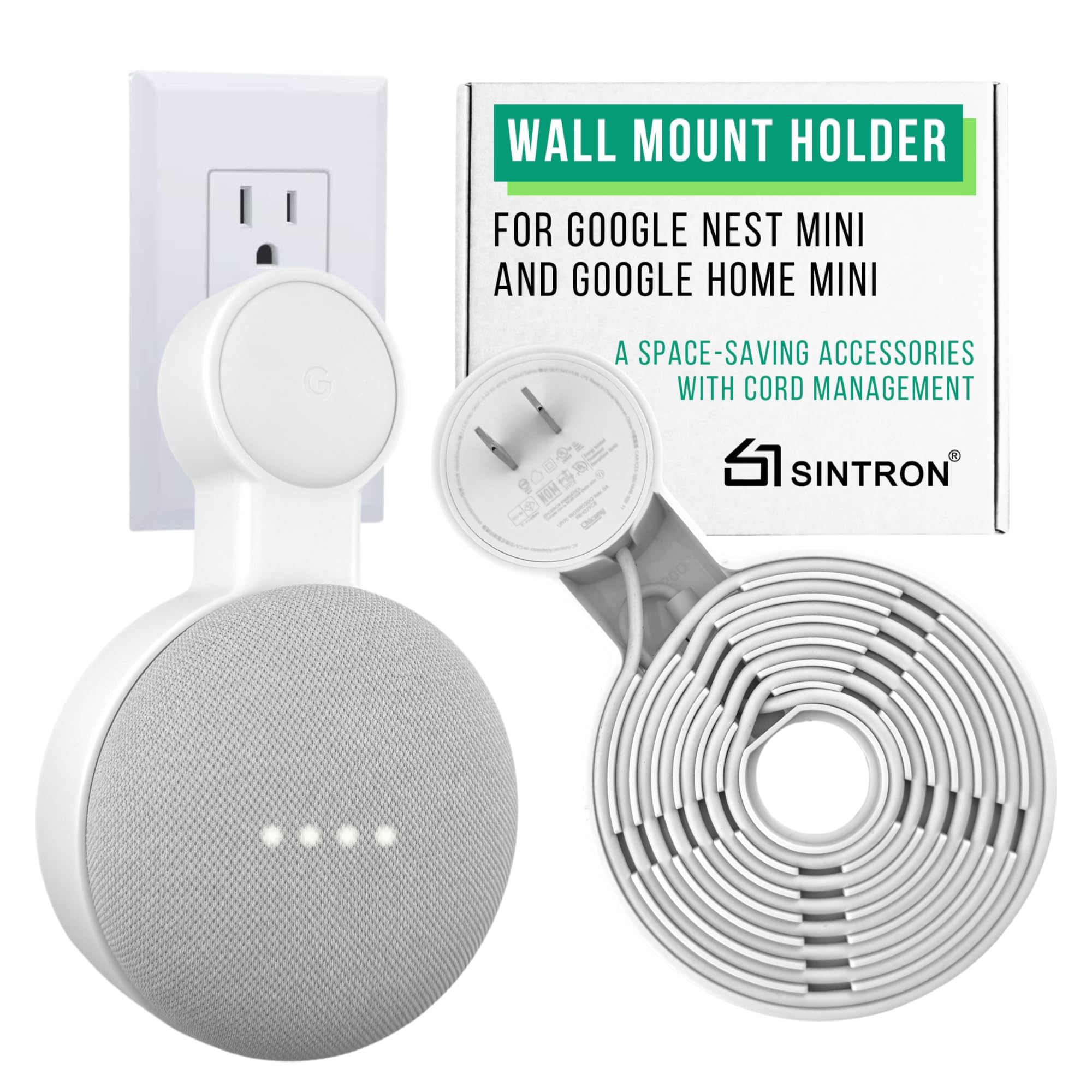 Sintron 2X Outlet Wall Mount Holder for Google Nest Mini and Google Home Mini, A Space-Saving Accessories with Cord Management for Google Smart Speakers 1st Gen. and 2nd Gen, No Messy Wires or Screws