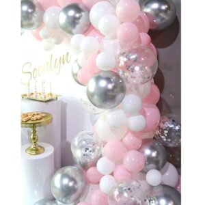 Soonlyn Pink Balloon Garland Kit 130 Pcs 12 In Pink Silver Metallic Balloons White Latex Balloons Arch Kit for Baby Shower Decorations Girl Birthday Party Bridal Shower Wedding