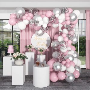 Soonlyn Pink Balloon Garland Kit 130 Pcs 12 In Pink Silver Metallic Balloons White Latex Balloons Arch Kit for Baby Shower Decorations Girl Birthday Party Bridal Shower Wedding