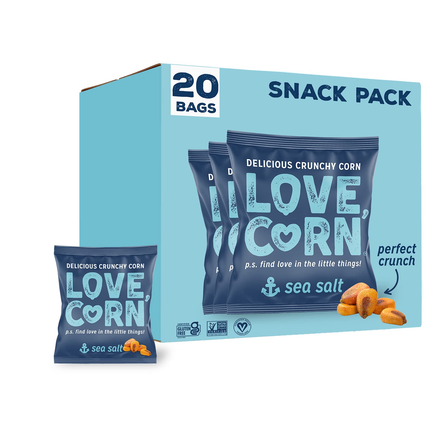 LOVE CORN Sea Salt 0.7oz x 20 Bags - Delicious Crunchy Corn - Healthy Family Snacks - Gluten Free, Kosher, NON-GMO - Alternative for Chips, Nuts, Crackers & Pretzels - Perfect for Charcuterie Boards