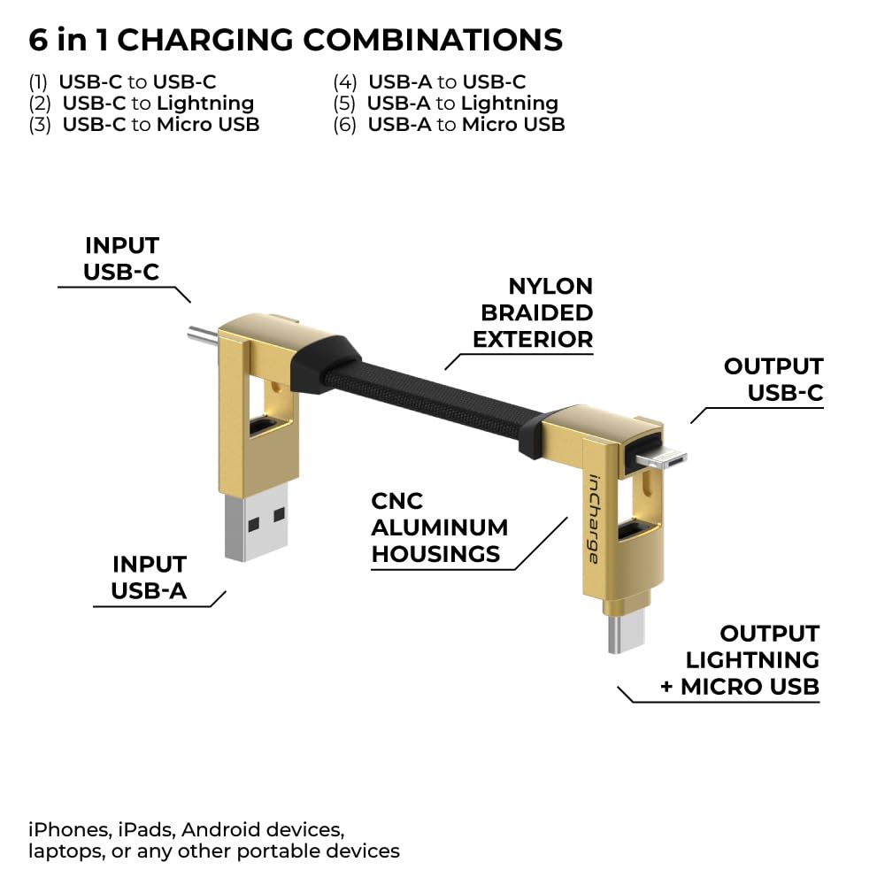 Rolling Square inCharge 6 Portable Keychain Charger Cable, 6-in-1 Multi Charging Cable, Saturn Gold For Personal Computer