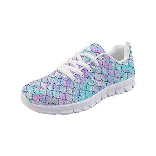 HUGS IDEA Comfortable Go Easy Walking Lace-up Sneakers Mermaid Scales Pattern Running Walking Shoes for Women Ladies Lightweight Footwear