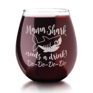 Custom-Engraved-Glasses-by-StockingFactory Mama Shark Needs a Drink Do Do Novelty Stemless Wine Glass First Mother's Day from Daughter, Son Funny Sayings for New Mom, Wife, Baby Shower