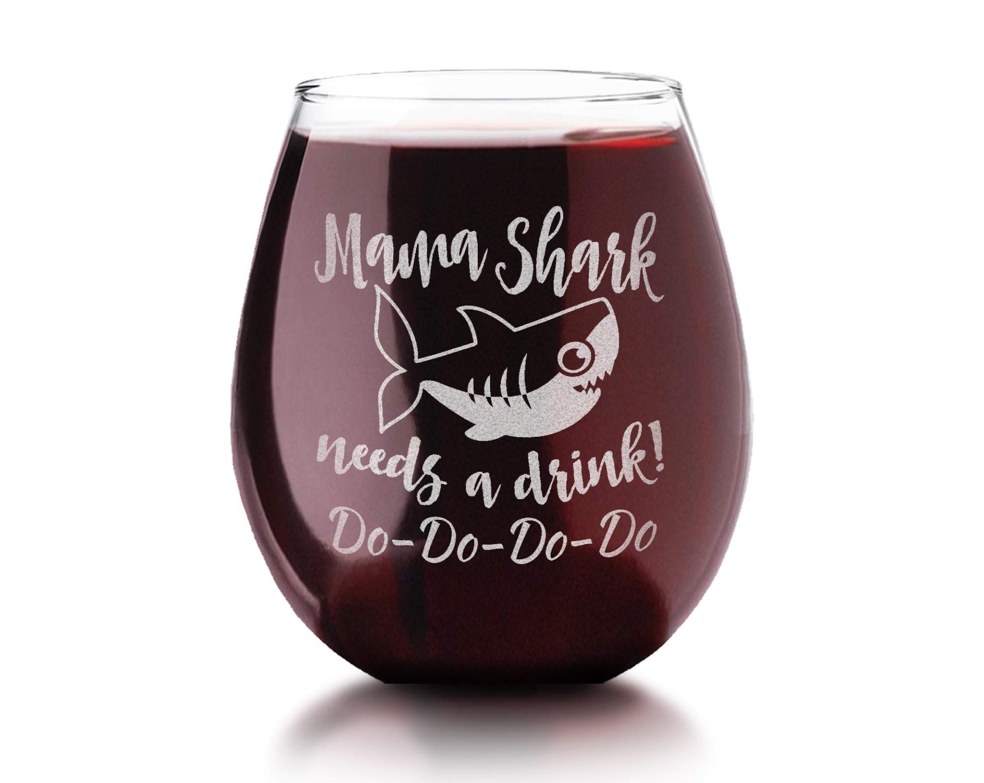 Custom-Engraved-Glasses-by-StockingFactory Mama Shark Needs a Drink Do Do Novelty Stemless Wine Glass First Mother's Day from Daughter, Son Funny Sayings for New Mom, Wife, Baby Shower