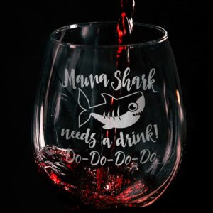 Custom-Engraved-Glasses-by-StockingFactory Mama Shark Needs a Drink Do Do Novelty Stemless Wine Glass First Mother's Day from Daughter, Son Funny Sayings for New Mom, Wife, Baby Shower