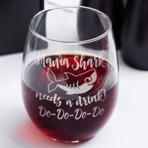 Custom-Engraved-Glasses-by-StockingFactory Mama Shark Needs a Drink Do Do Novelty Stemless Wine Glass First Mother's Day from Daughter, Son Funny Sayings for New Mom, Wife, Baby Shower