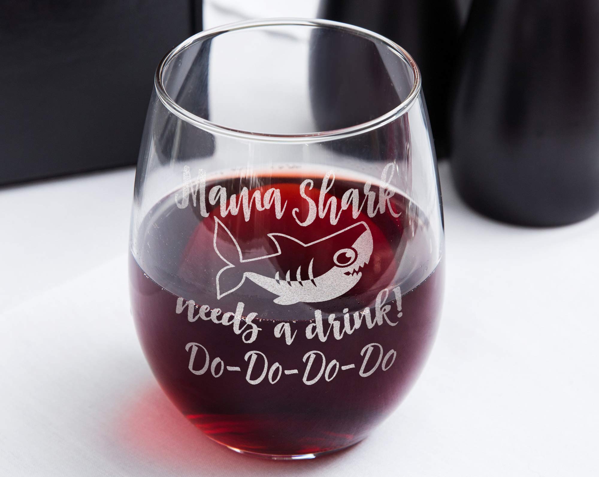 Custom-Engraved-Glasses-by-StockingFactory Mama Shark Needs a Drink Do Do Novelty Stemless Wine Glass First Mother's Day from Daughter, Son Funny Sayings for New Mom, Wife, Baby Shower