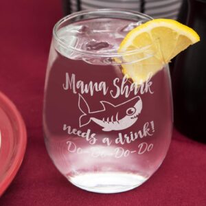 Custom-Engraved-Glasses-by-StockingFactory Mama Shark Needs a Drink Do Do Novelty Stemless Wine Glass First Mother's Day from Daughter, Son Funny Sayings for New Mom, Wife, Baby Shower