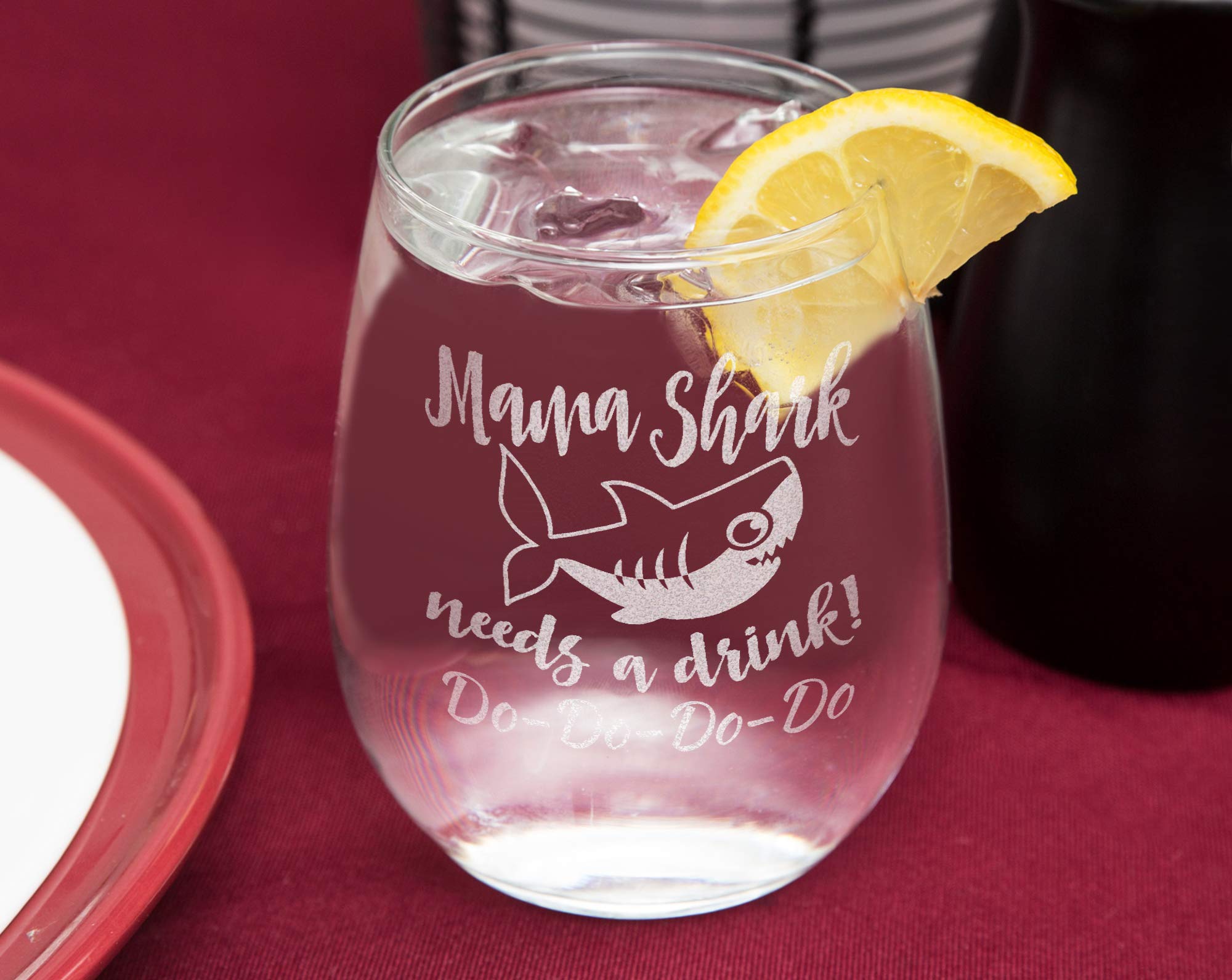 Custom-Engraved-Glasses-by-StockingFactory Mama Shark Needs a Drink Do Do Novelty Stemless Wine Glass First Mother's Day from Daughter, Son Funny Sayings for New Mom, Wife, Baby Shower