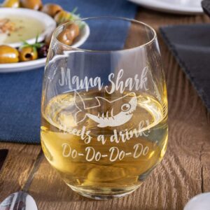 Custom-Engraved-Glasses-by-StockingFactory Mama Shark Needs a Drink Do Do Novelty Stemless Wine Glass First Mother's Day from Daughter, Son Funny Sayings for New Mom, Wife, Baby Shower