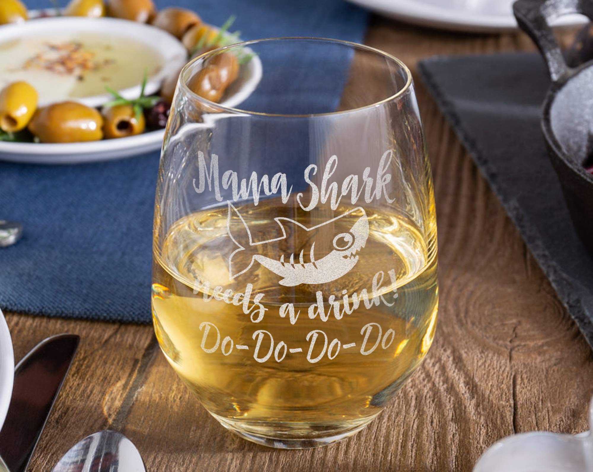 Custom-Engraved-Glasses-by-StockingFactory Mama Shark Needs a Drink Do Do Novelty Stemless Wine Glass First Mother's Day from Daughter, Son Funny Sayings for New Mom, Wife, Baby Shower