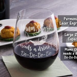 Custom-Engraved-Glasses-by-StockingFactory Mama Shark Needs a Drink Do Do Novelty Stemless Wine Glass First Mother's Day from Daughter, Son Funny Sayings for New Mom, Wife, Baby Shower