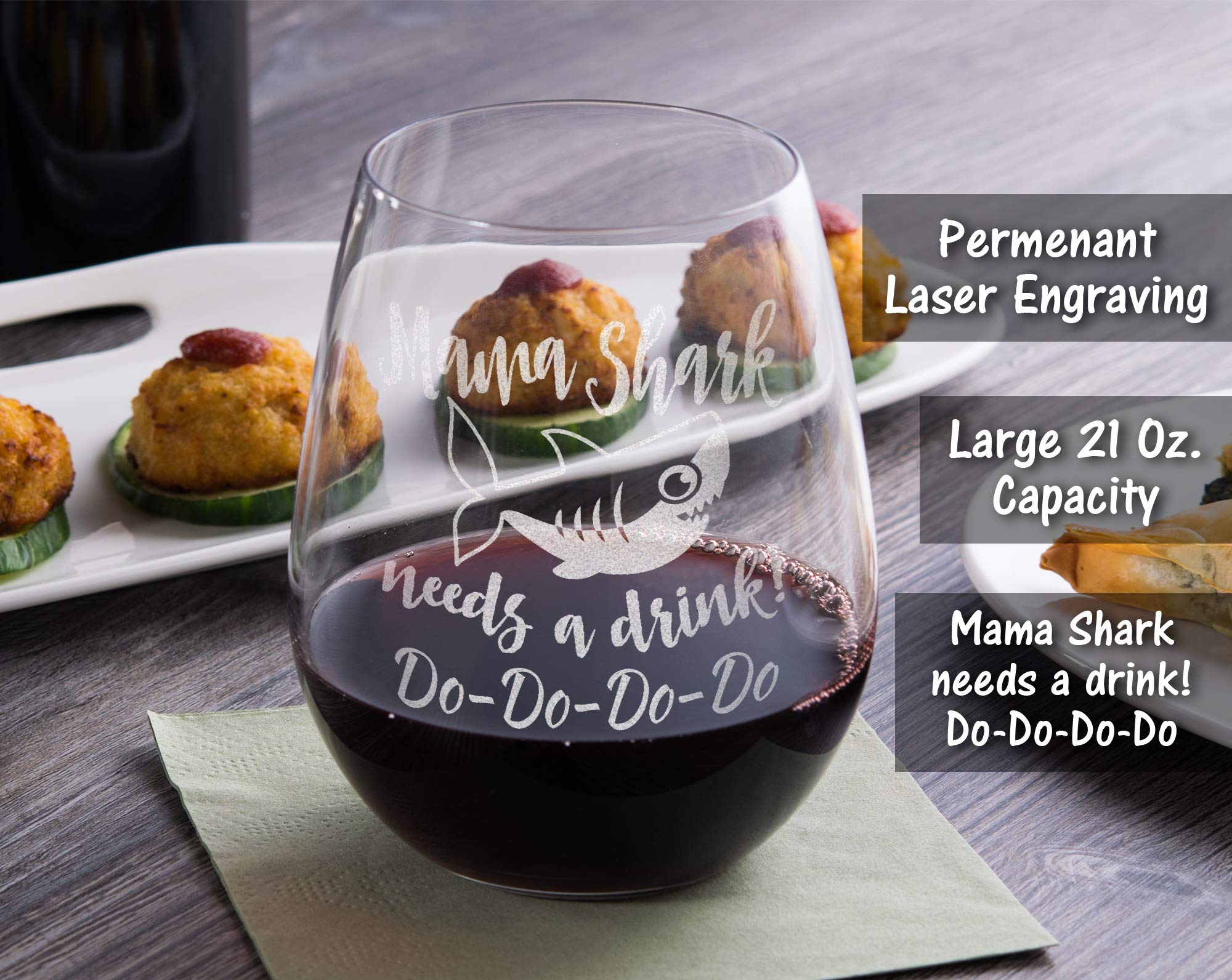 Custom-Engraved-Glasses-by-StockingFactory Mama Shark Needs a Drink Do Do Novelty Stemless Wine Glass First Mother's Day from Daughter, Son Funny Sayings for New Mom, Wife, Baby Shower