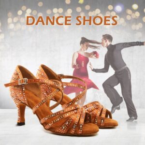 SWDZM Women's Rhinestone Dance Shoes Ballroom Latin Salsa Performance Practice Dancing Shoes,L377,Bronze,Heel 3'',US 7