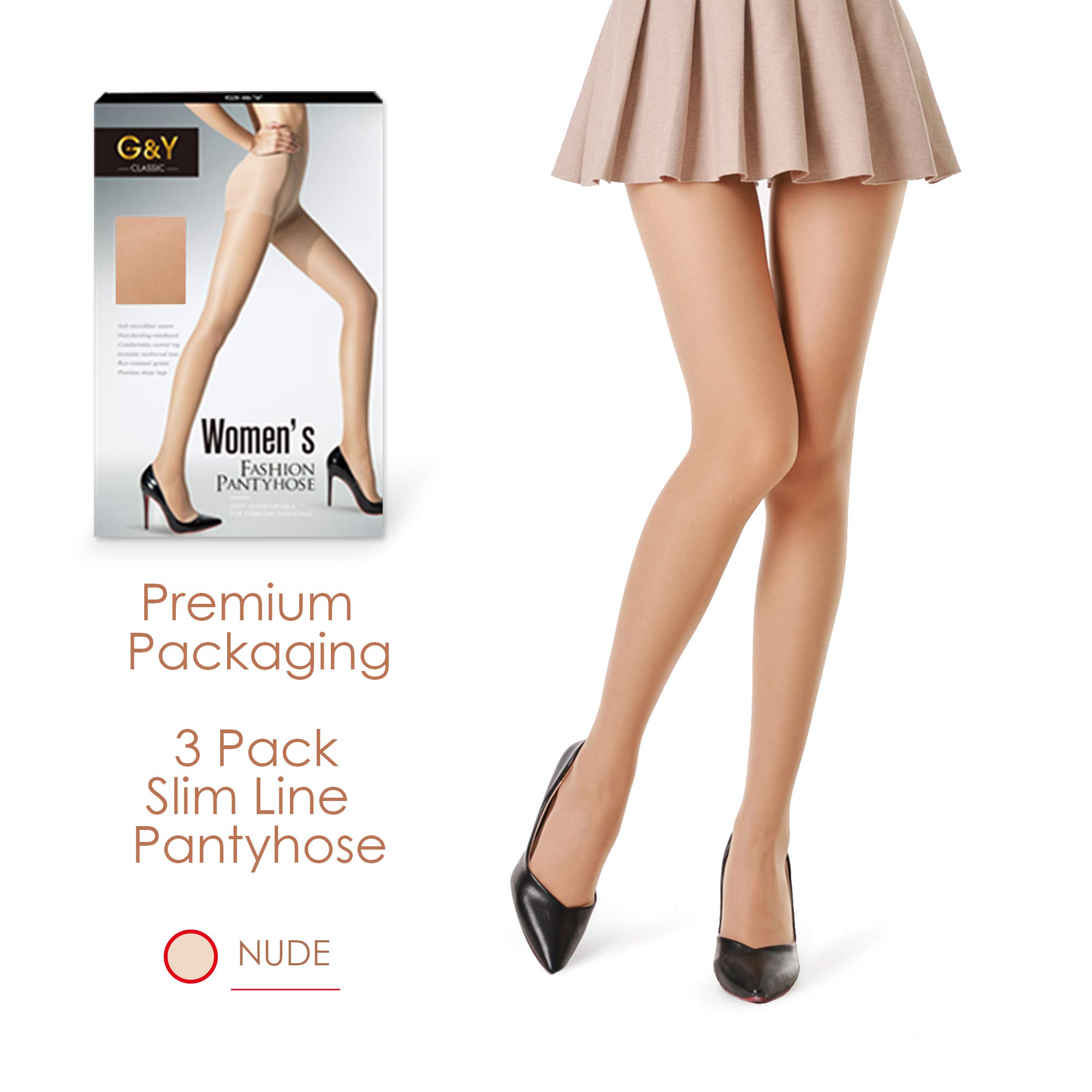 G&Y 3 Pairs Women's Sheer Tights - 20D Control Top Pantyhose with Reinforced Toes, Nude, L