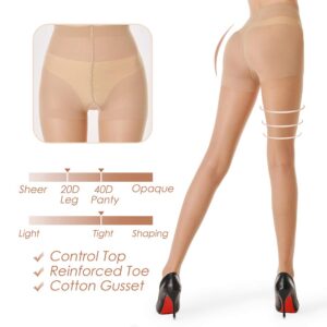 G&Y 3 Pairs Women's Sheer Tights - 20D Control Top Pantyhose with Reinforced Toes, Nude, L