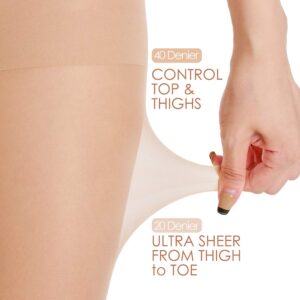 G&Y 3 Pairs Women's Sheer Tights - 20D Control Top Pantyhose with Reinforced Toes, Nude, L