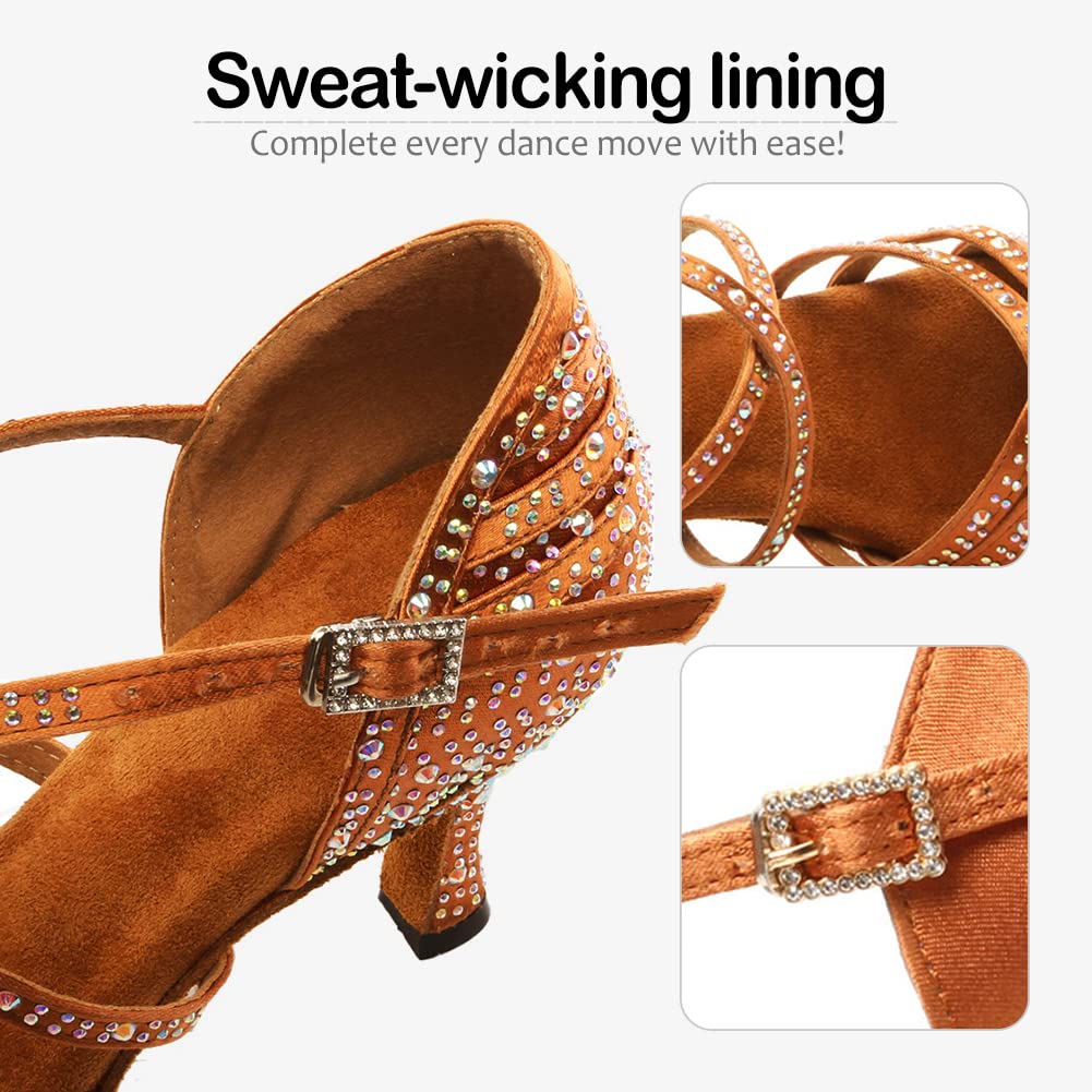 SWDZM Women's Rhinestone Dance Shoes Ballroom Latin Salsa Performance Practice Dancing Shoes,L377,Bronze,Heel 3'',US 6