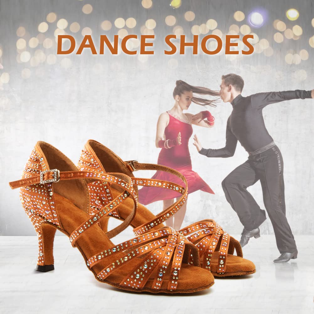 SWDZM Women's Rhinestone Dance Shoes Ballroom Latin Salsa Performance Practice Dancing Shoes,L377,Bronze,Heel 3'',US 6