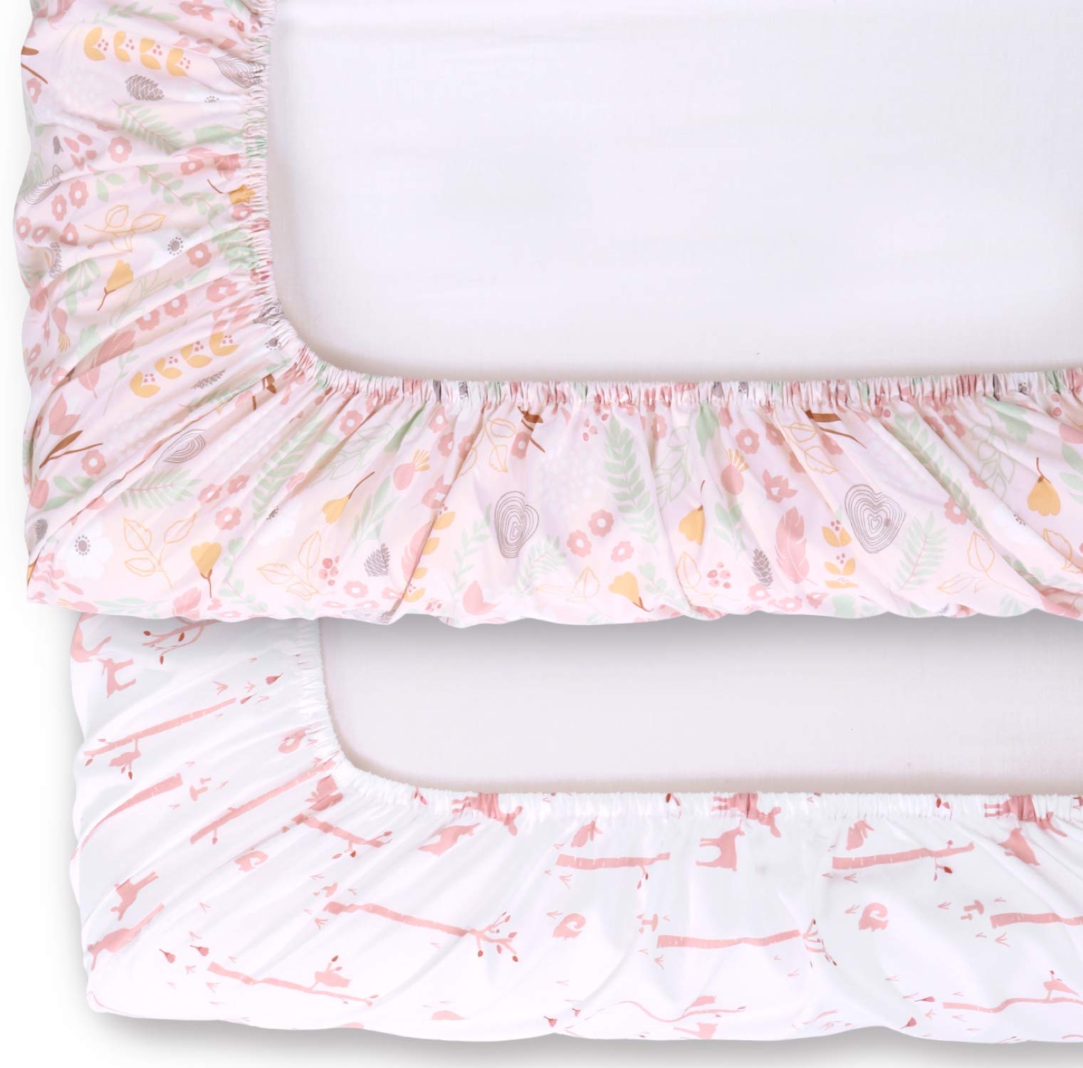 The Peanutshell Crib Sheet Set for Baby Girls | Pink Floral and Woodland Animals | 2 Pack Set