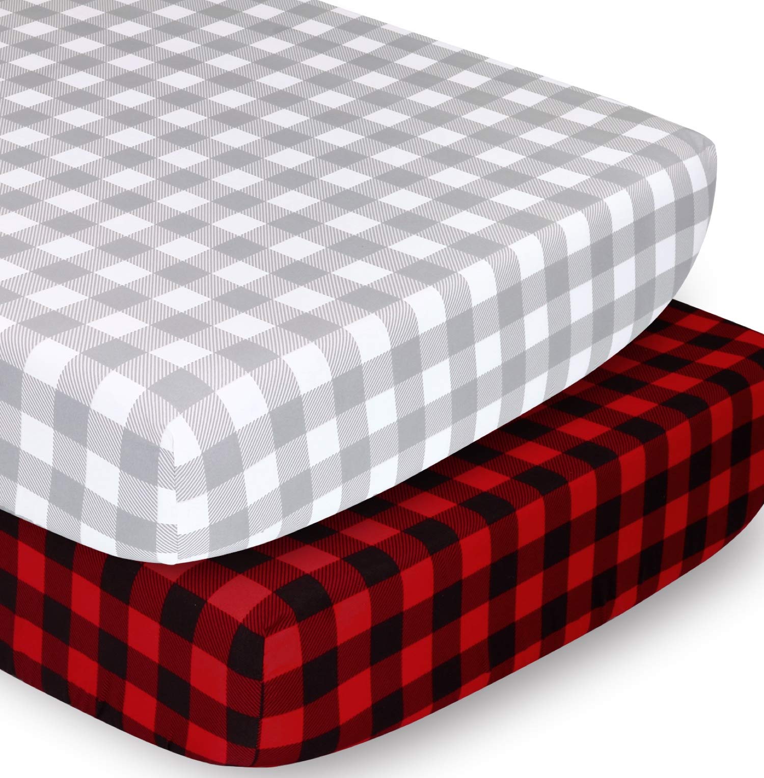 The Peanutshell Crib Sheet Set for Baby Boys or Girls - Red, Black & Grey Buffalo Plaid - 2 Pack Set