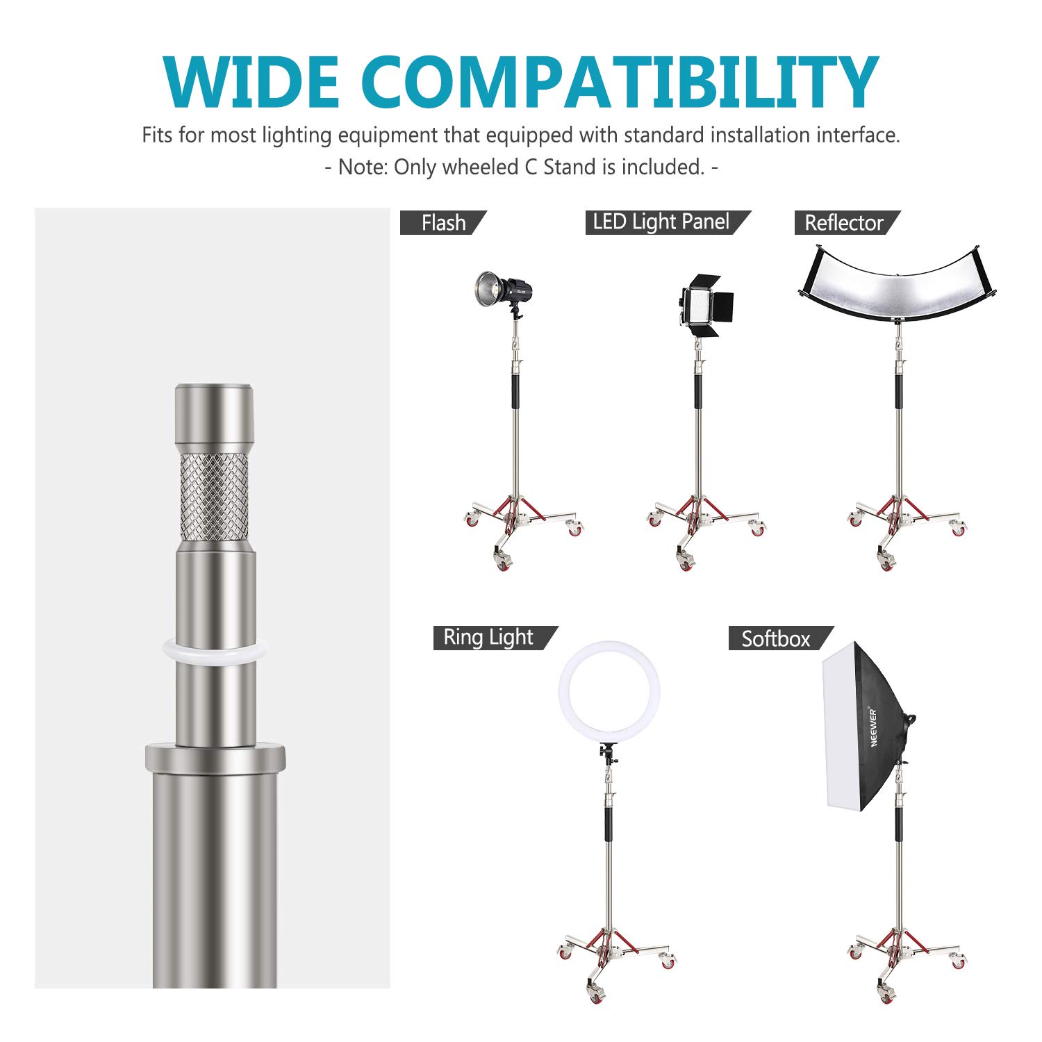 Neewer Heavy Duty Light Stand with Casters, Adjustable Tripod Stand with 100% Stainless Steel, Photography Wheeled Base Stand for Studio Softbox, Monolight, Reflector, Max Height: 10ft/305cm