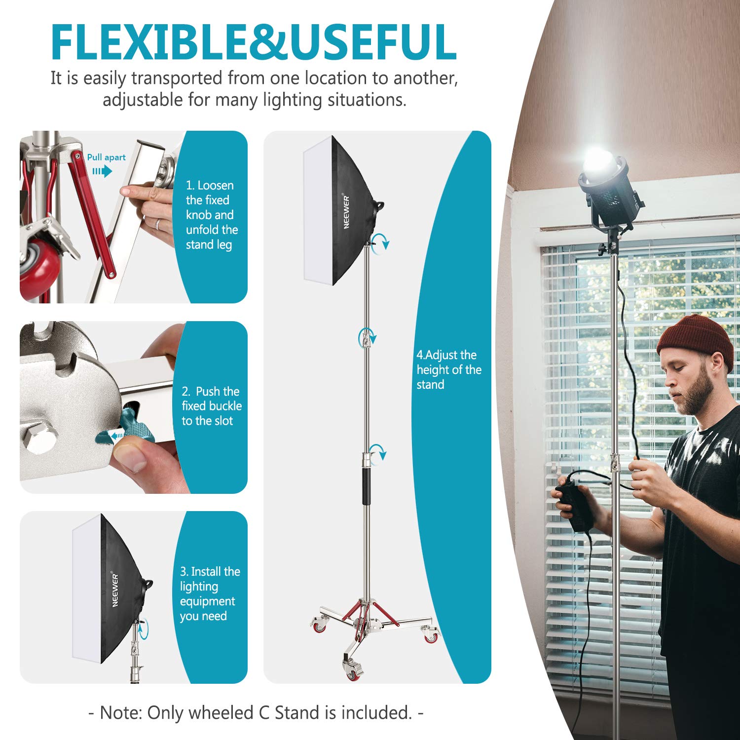 Neewer Heavy Duty Light Stand with Casters, Adjustable Tripod Stand with 100% Stainless Steel, Photography Wheeled Base Stand for Studio Softbox, Monolight, Reflector, Max Height: 10ft/305cm