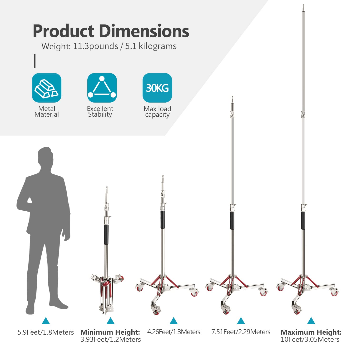 Neewer Heavy Duty Light Stand with Casters, Adjustable Tripod Stand with 100% Stainless Steel, Photography Wheeled Base Stand for Studio Softbox, Monolight, Reflector, Max Height: 10ft/305cm