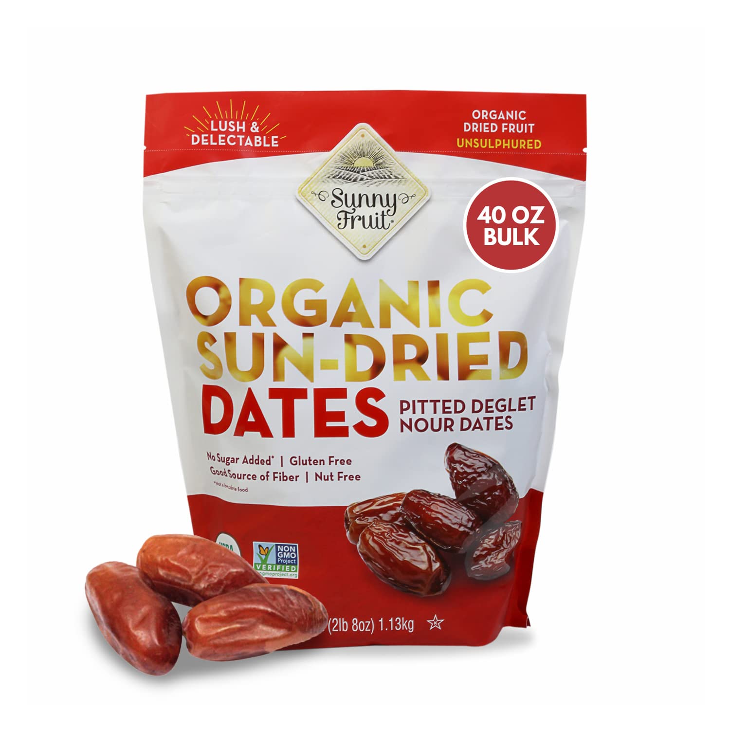 ORGANIC Pitted Dates (Deglet Nour) - Sunny Fruit 40oz Bulk Bag (2.5 lbs) | NO Added Sugars, Sulfurs or Preservatives | NON-GMO, VEGAN, HALAL & KOSHER