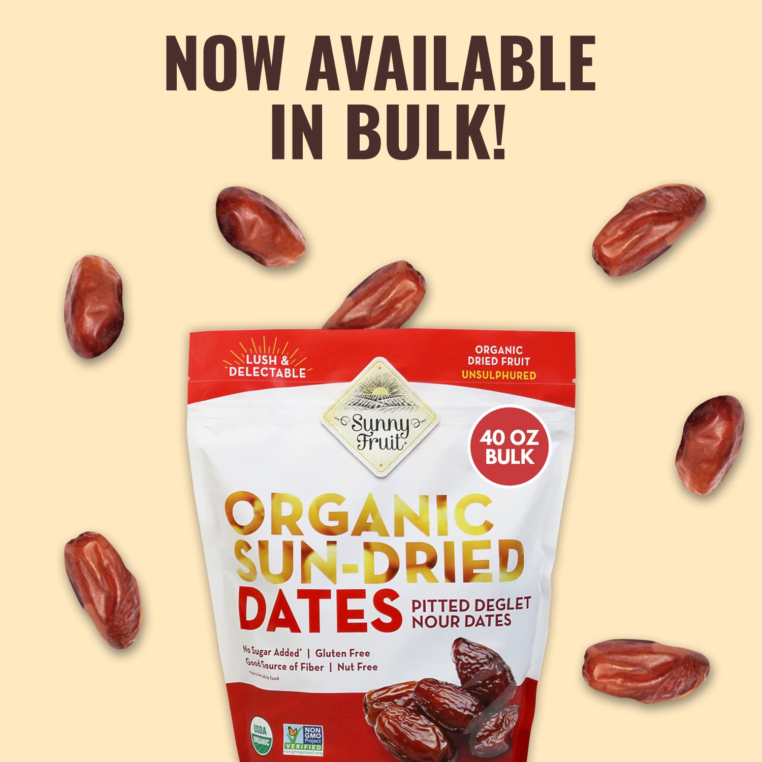 ORGANIC Pitted Dates (Deglet Nour) - Sunny Fruit 40oz Bulk Bag (2.5 lbs) | NO Added Sugars, Sulfurs or Preservatives | NON-GMO, VEGAN, HALAL & KOSHER