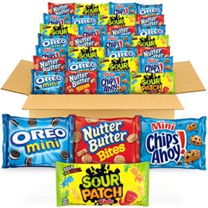 oreo mini cookies, chips ahoy! mini cookies, sour patch kids candy & nutter butter bites cookies & candy variety pack, 32 snack packs