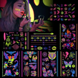 howaf 8 large sheets neon temporary tattoos, 100+ shimmer designs glow uv neon body face skin tattoo wolf jewellery tattoos flash fake waterproof tattoo stickers for women men girls body art