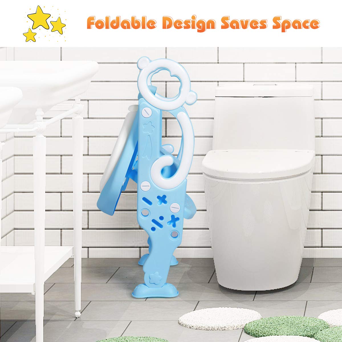 BABY JOY Kids Portable Potty Training Toilet Seat w/Step Stool Ladder, Foldable Adjustable Toddler Toilet Training Seat Chair with Non-Slip Pads and Soft Cushion Seat, for Boys Girls Toddlers (Blue)