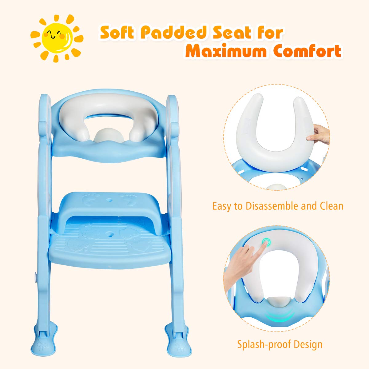 BABY JOY Kids Portable Potty Training Toilet Seat w/Step Stool Ladder, Foldable Adjustable Toddler Toilet Training Seat Chair with Non-Slip Pads and Soft Cushion Seat, for Boys Girls Toddlers (Blue)