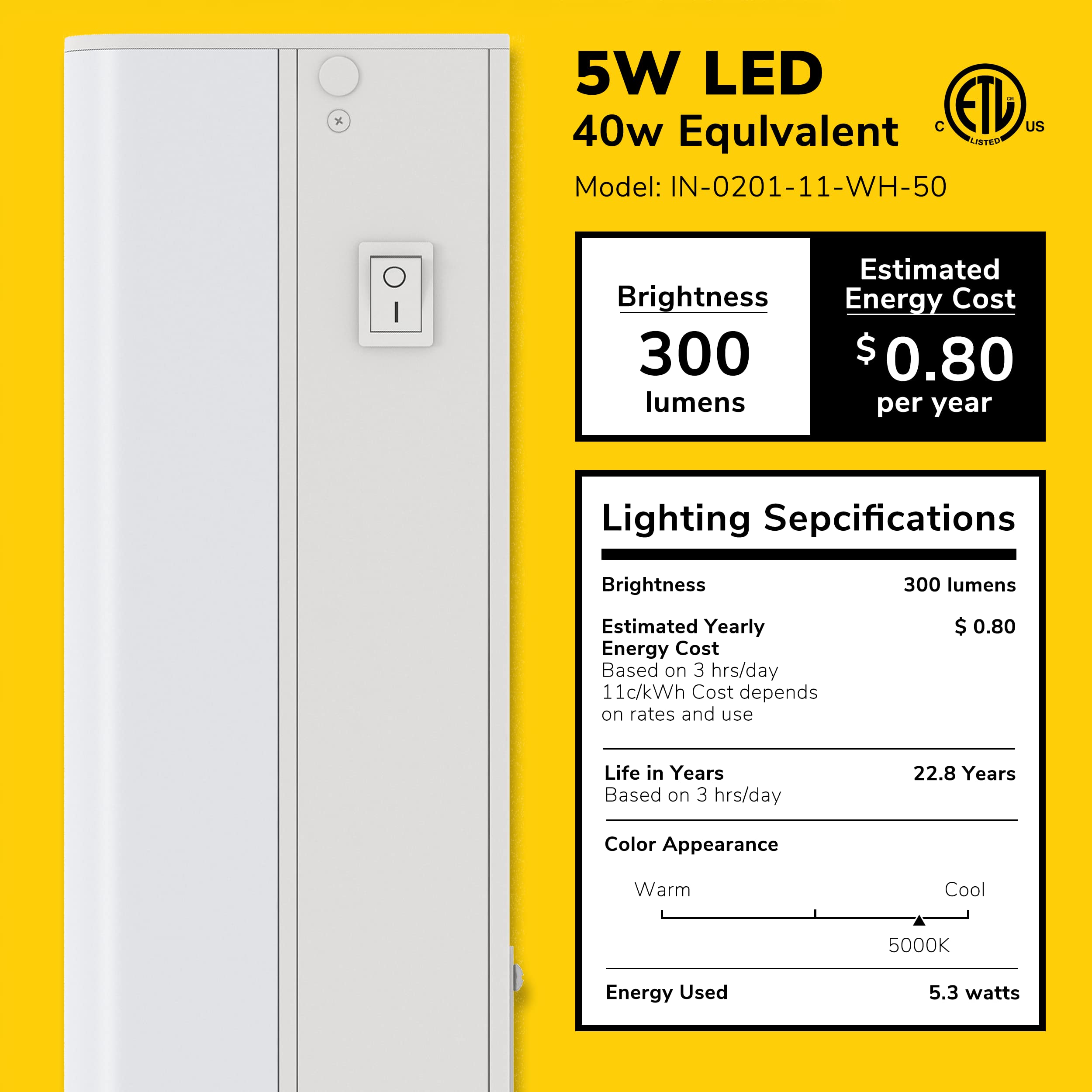 GETINLIGHT Dimmable Hardwired Only Under Cabinet LED Lights, 12-inch, Daylight White(5000k), Matte White Finished, ETL Listed, IN-0201-11-WH-50