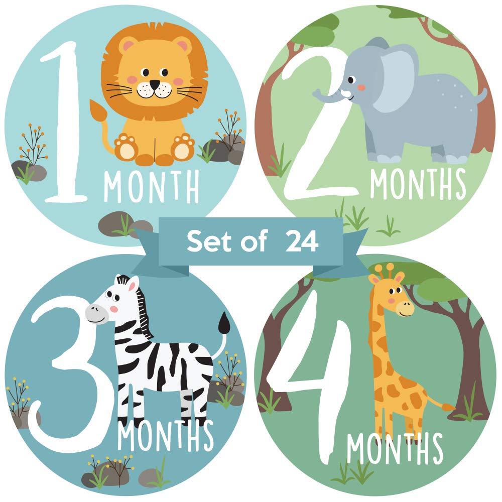 Baby Monthly Stickers | Zoo Animals Baby Milestone Stickers | Jungle Newborn Boy or Girl Stickers | Month Stickers for Baby Boy | Gender Neutral | Unisex Safari Newborn Monthly Milestones (Set of 24)