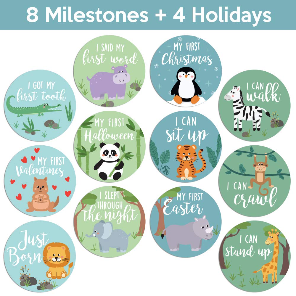 Baby Monthly Stickers | Zoo Animals Baby Milestone Stickers | Jungle Newborn Boy or Girl Stickers | Month Stickers for Baby Boy | Gender Neutral | Unisex Safari Newborn Monthly Milestones (Set of 24)