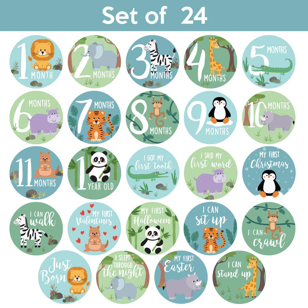 Baby Monthly Stickers | Zoo Animals Baby Milestone Stickers | Jungle Newborn Boy or Girl Stickers | Month Stickers for Baby Boy | Gender Neutral | Unisex Safari Newborn Monthly Milestones (Set of 24)