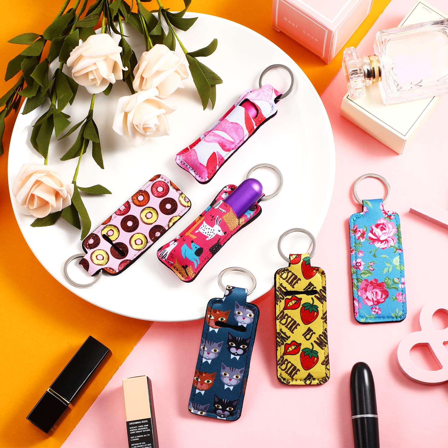 12 Pieces Mini Lipstick Holder Keychain Lip Balm Holders Elastic Waterproof Neoprene Lipstick Tracker Sleeve Keychains Egg Toy Filler Travel Accessories with Metal Ring for Birthday Gift, 12 Styles