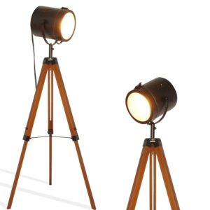 industrial vintage black tripod floor table lamp - modern adjustable height wooden nautical cinema searchlight - spotlight standing reading light for living room bedroom office decoration(no bulb)