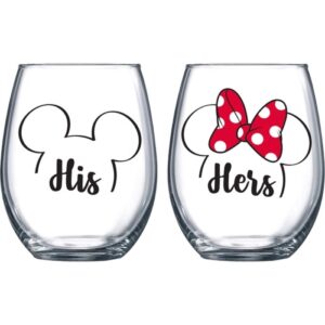 disney mickey and minnie his & hers stemless wine glass set