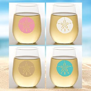 set of 4 designer coastal shatterproof plastic 16 oz stemless wine glass (sand dollars)