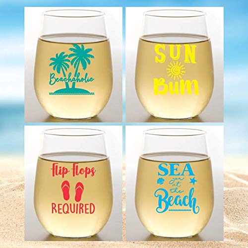 Set of 4 Designer COASTAL Shatterproof Plastic 16 oz Stemless Wine Glass (BEACH)