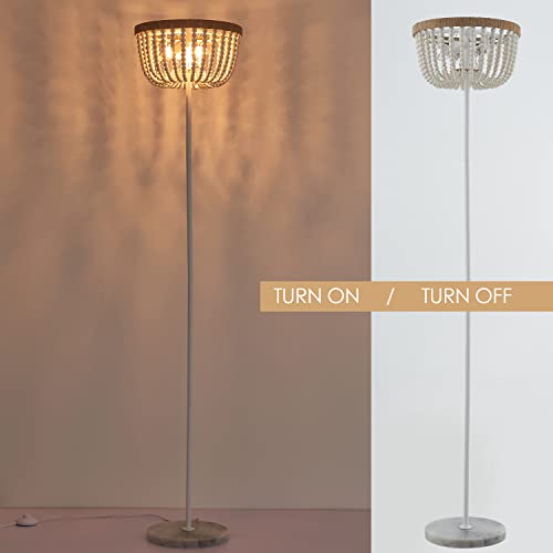 VILUXY Boho Floor Lamp with White Wood Beaded Shade for Bedroom, Living Room, Girl Room 3-Light