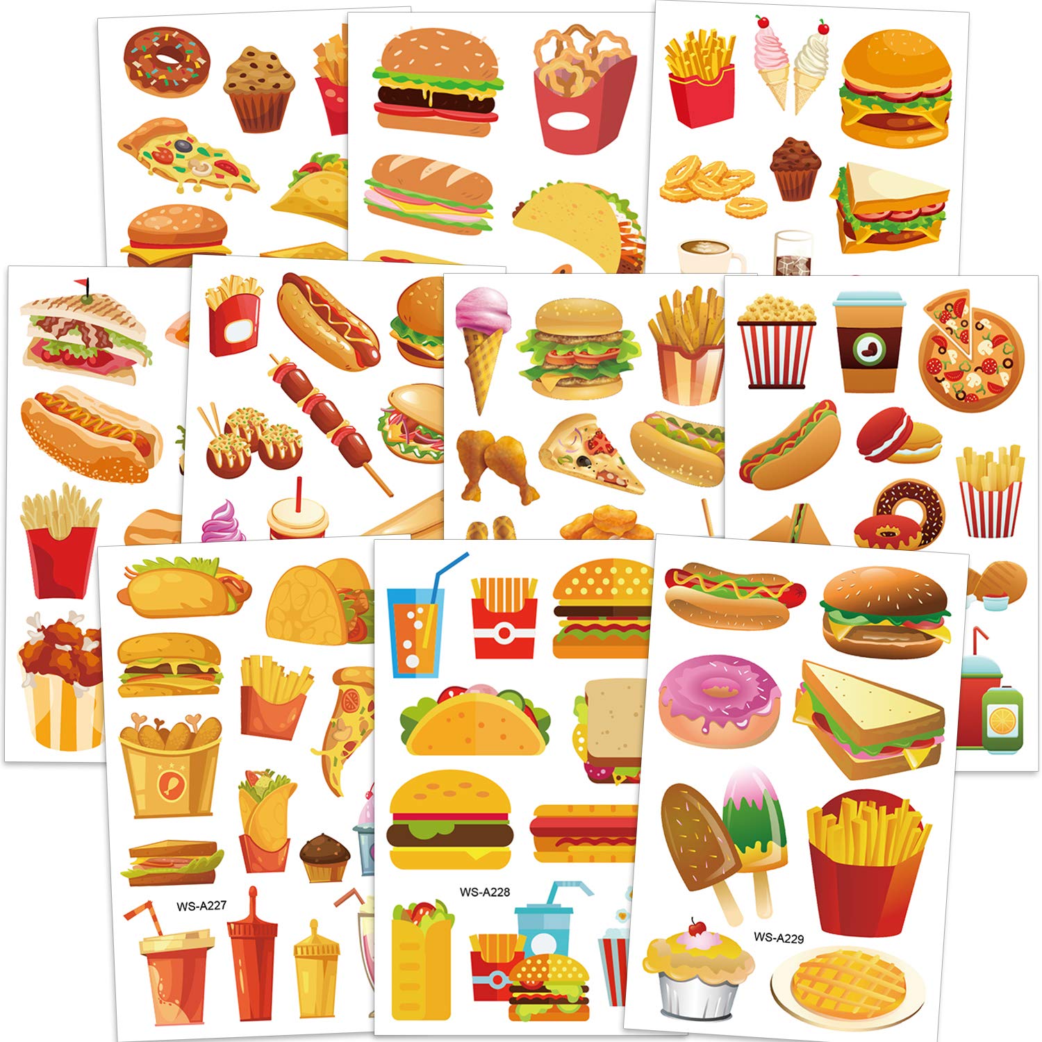 Konsait Food Temporary Tattoos for Kids, Ice Cream Hamburger French Fries Donuts Fake Waterproof Tattoo Stickers for Children Girls Boys Birthday Party Summer Party Cosplay Supplies