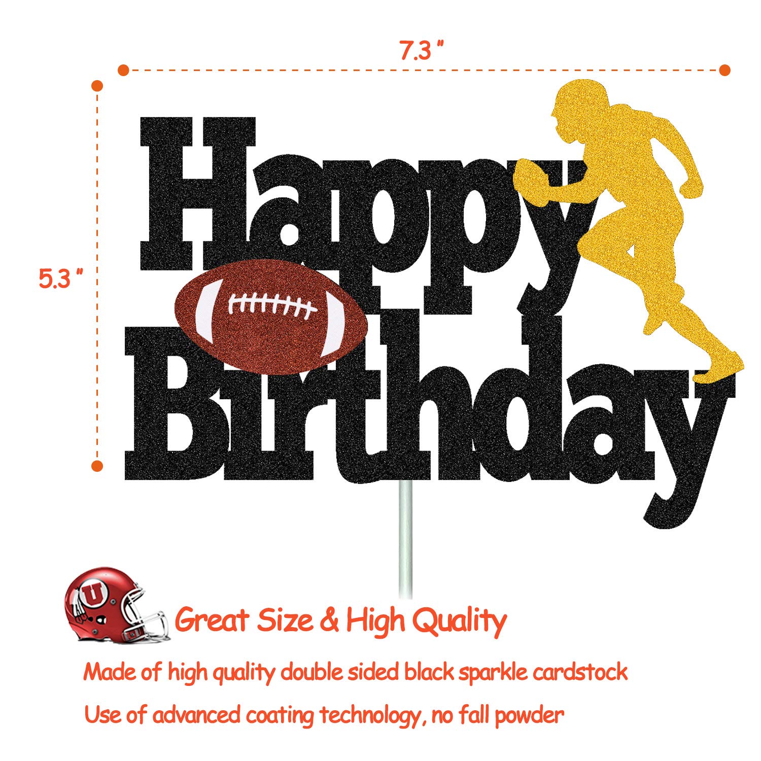 Football Cake Topper Rugby Ball Happy Birthday Cake Decorations for Man Kids Boy Girl Sport Game Day Super Bowl Touchdown Themed Party Supplies Black Sparkle Decor