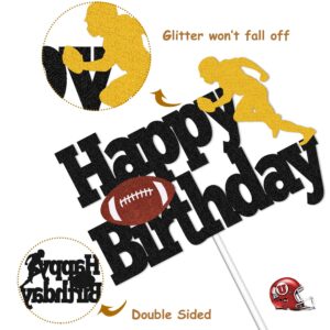 Football Cake Topper Rugby Ball Happy Birthday Cake Decorations for Man Kids Boy Girl Sport Game Day Super Bowl Touchdown Themed Party Supplies Black Sparkle Decor