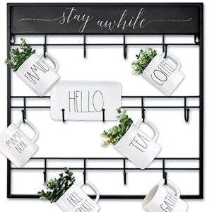 large wall mounted mug rack (23"/black) 3 rows coffee mug holder with 13 hooks-black kitchen display organizer and storage hanger