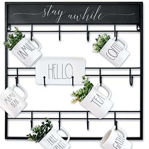 Large Wall Mounted Mug Rack (23"/Black) 3 Rows Coffee Mug Holder with 13 Hooks-Black Kitchen Display Organizer and Storage Hanger