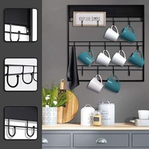 Large Wall Mounted Mug Rack (23"/Black) 3 Rows Coffee Mug Holder with 13 Hooks-Black Kitchen Display Organizer and Storage Hanger